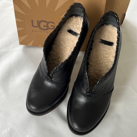 UGG | Shoes | Ugg Brand Black Leather Heels Shearling Lined | Poshmark